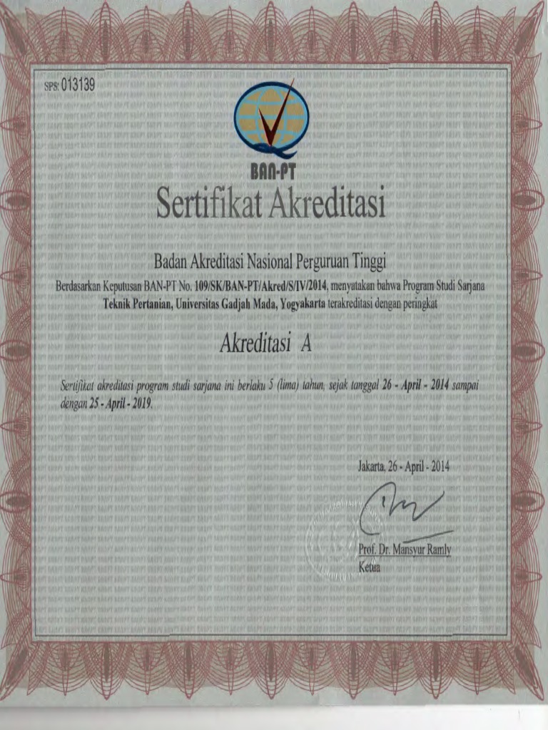Sertifikat BAN PT Ugm 2013 PDF | PDF