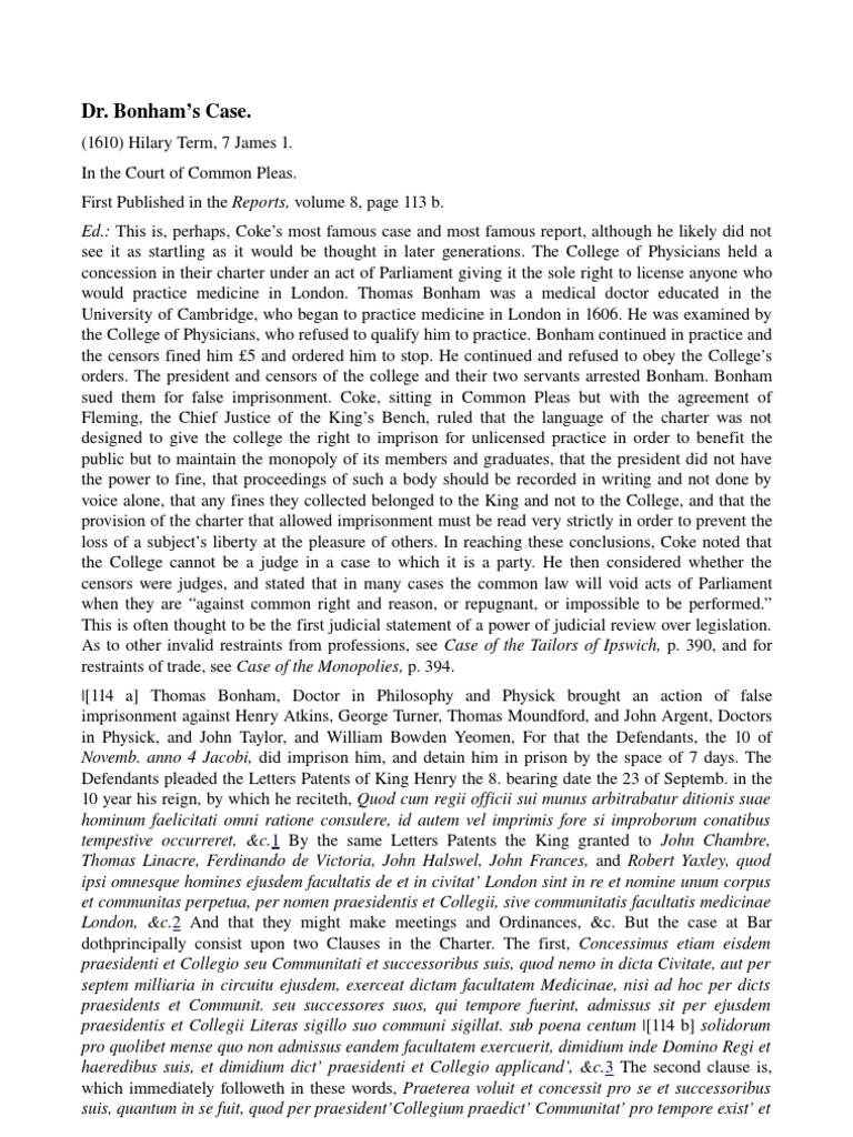 DR Bonham's Case | PDF | Public Law | Justice