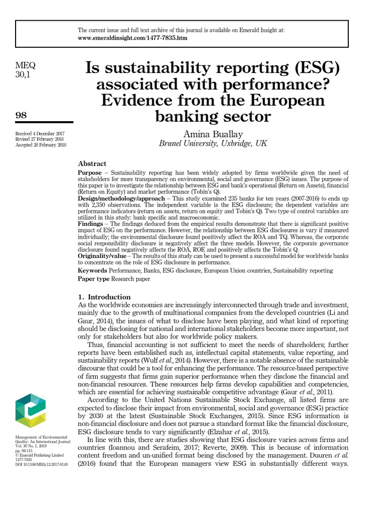 Is Sustainability Reporting (ESG) Associated With Performance? Evidence ...