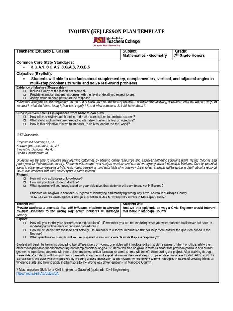 Inquiry (5E) Lesson Plan Template: Evidence of Mastery (Measurable ...