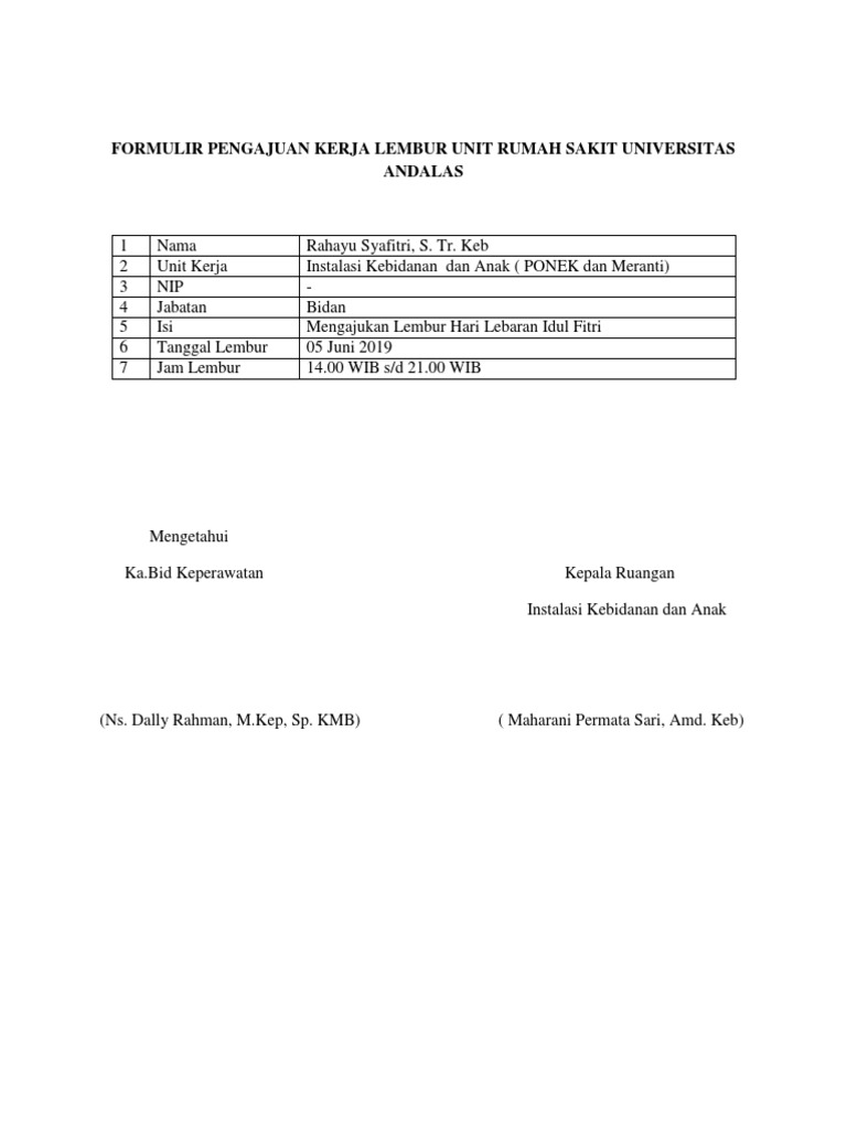 Formulir Pengajuan Kerja Lembur | PDF