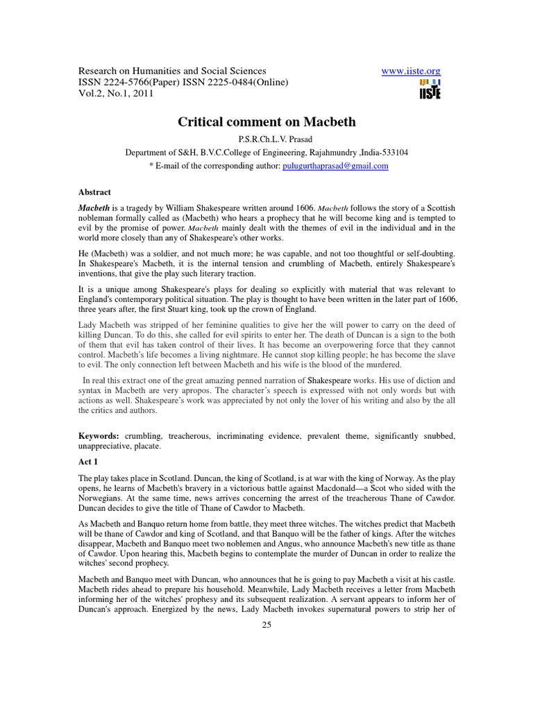 Critical Comment On Macbeth PDF | PDF | Macbeth | Shakespearean Characters