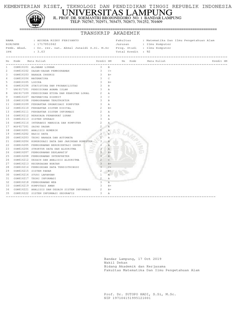 Transkrip Nilai Ilkom Unila | PDF