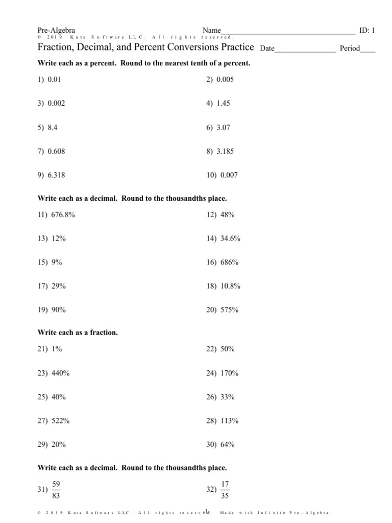 Fraction Decimal and Percent Conversions Practice | PDF | Encodings ...