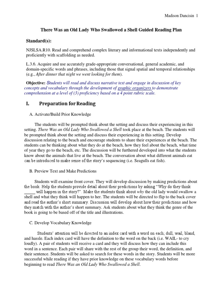 There Was An Old Lady Who Swallowed A Shell Guided Reading | PDF ...