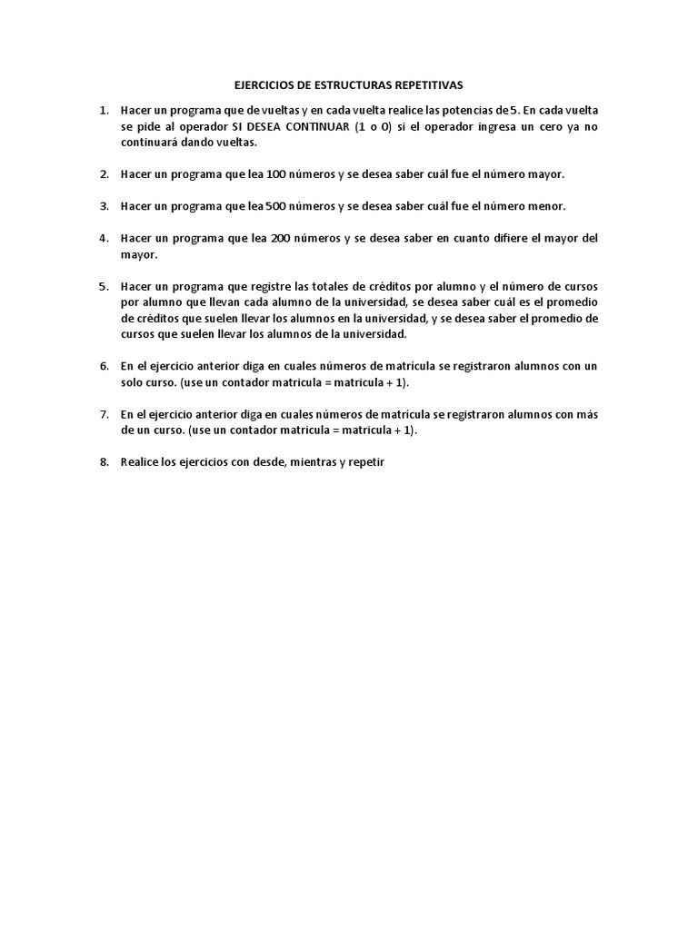 Ejercicios de Estructuras Repetitivas | PDF