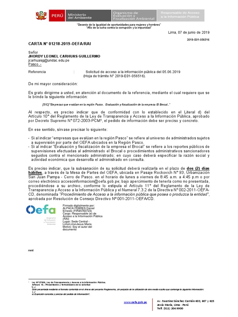 Carta N 1218-2019-Oefa-Rai PDF | PDF | Gobierno