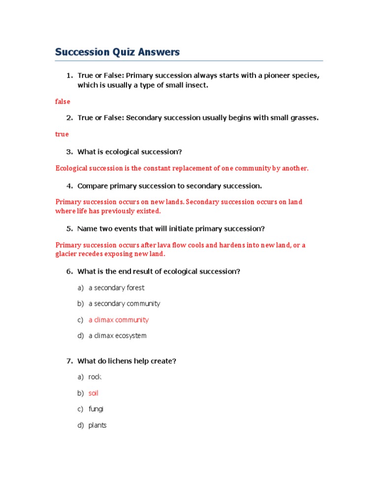 Succession Quiz Answers | PDF