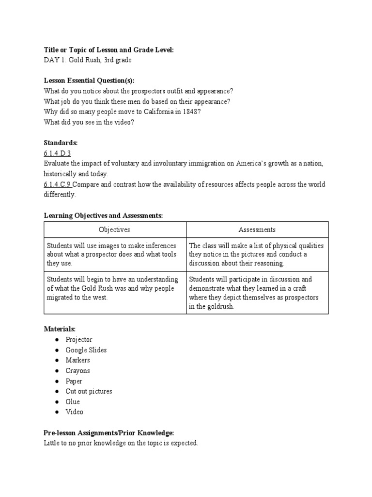 Gold Rush Lesson Plan for 3rd Grade | PDF | Teaching | Learning