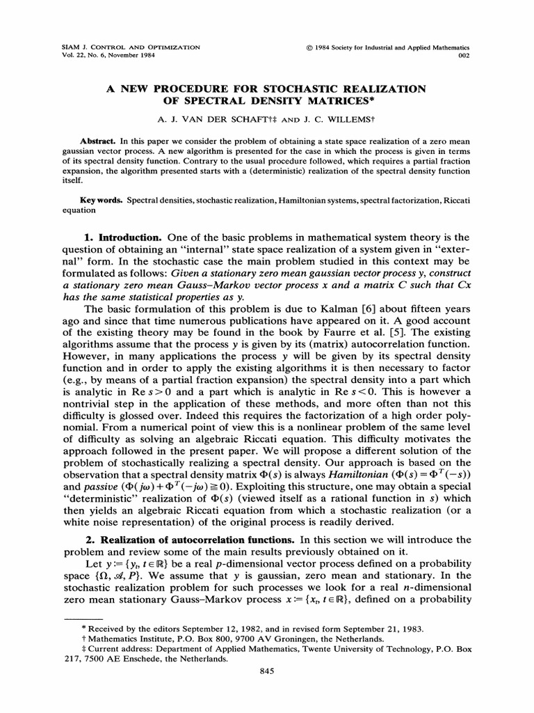 Stochastic Realization of Spectral Density | PDF | Matrix (Mathematics) | Stochastic Process
