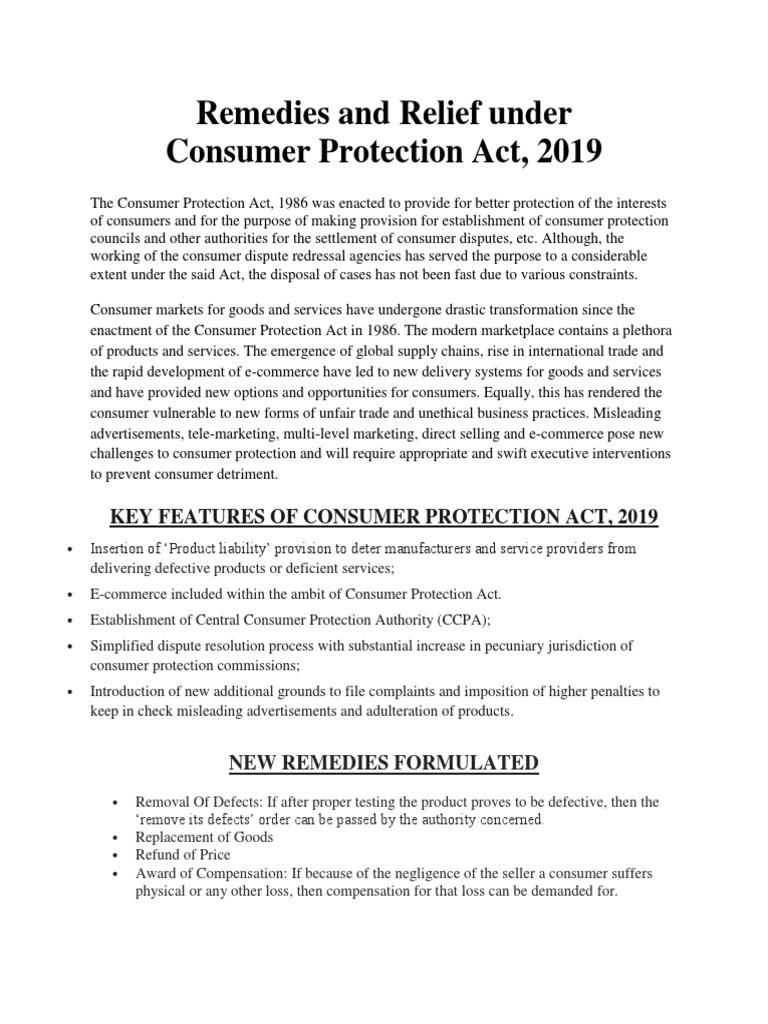 Remedies and Relief Under Consumer Protection Act, 2019 | PDF ...