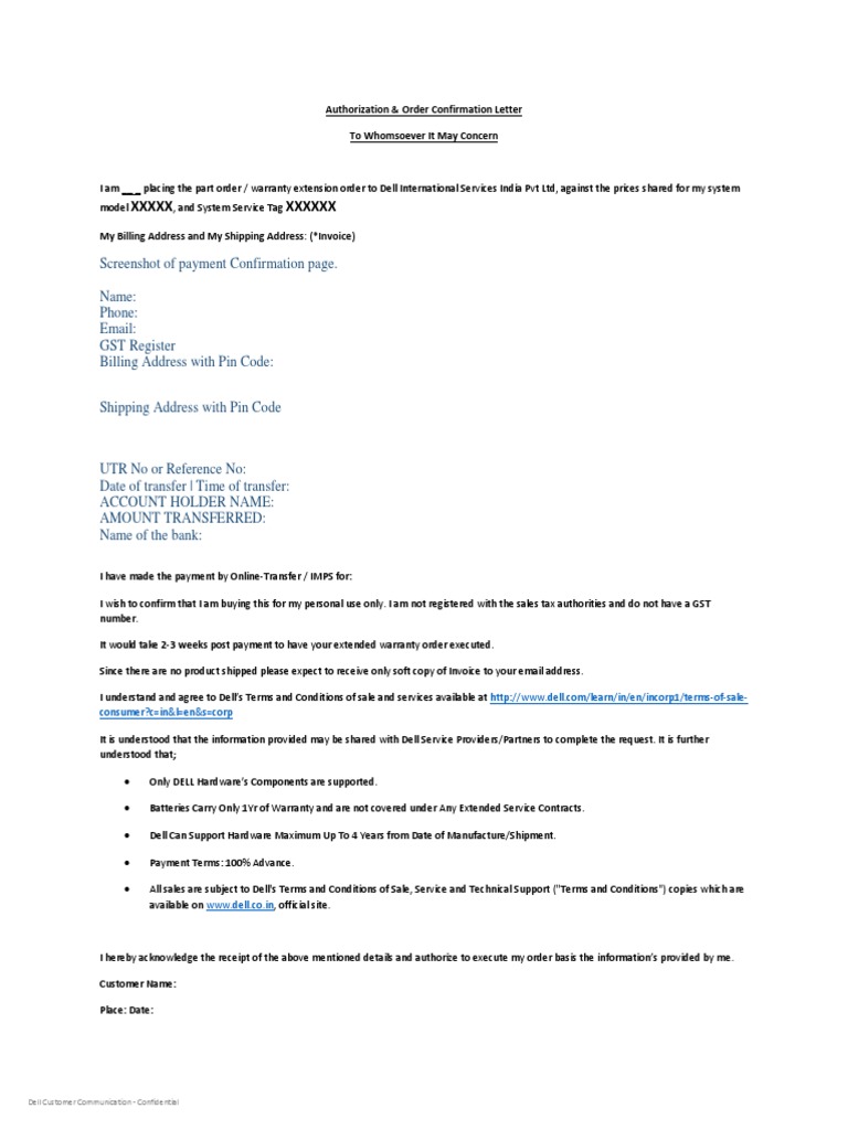 Authorization and Order Confirmation Letter | PDF | Dell | Invoice