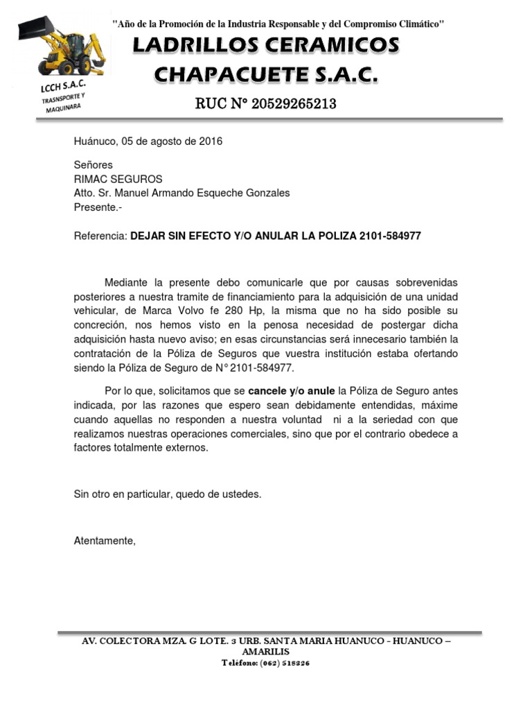 Carta Seguro Rimac SAC | PDF