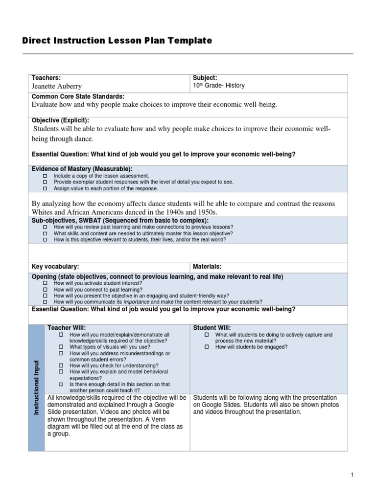 Direct Instruction Lesson Plan-Jeanette Auberry | PDF | Educational ...