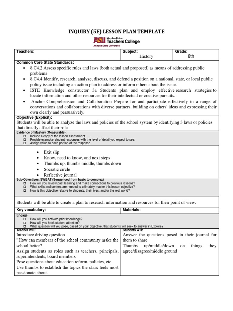 Inquiry (5E) Lesson Plan Template: Teachers: Subject: Grade | PDF ...