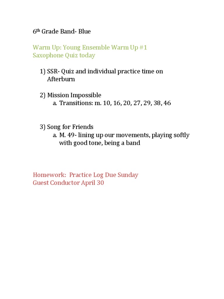 Warm Up: Young Ensemble Warm Up #1 Saxophone Quiz Today: 6 Grade Band ...