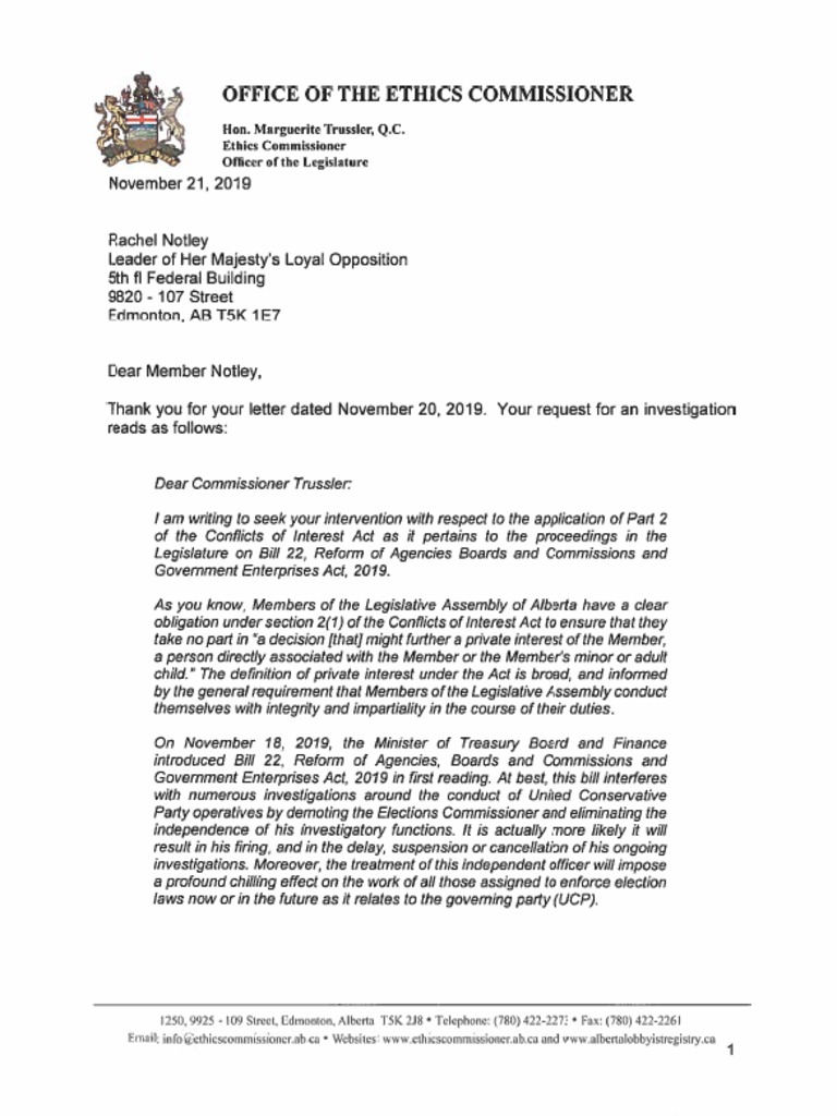 Letter From Alberta Ethics Commissioner Re. Bill 22 | PDF