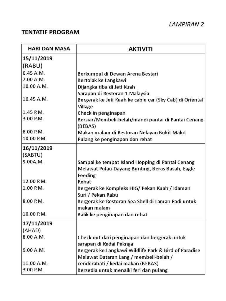 Tentatif Program Bercuti Ke Pulau Langkawi | PDF | Memasak, Makanan ...