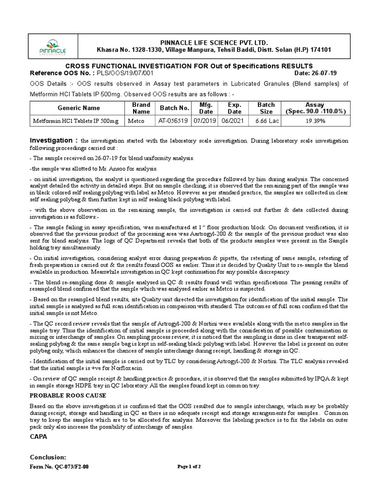 23-08-19 Investigation Report For OOS | PDF | Assay
