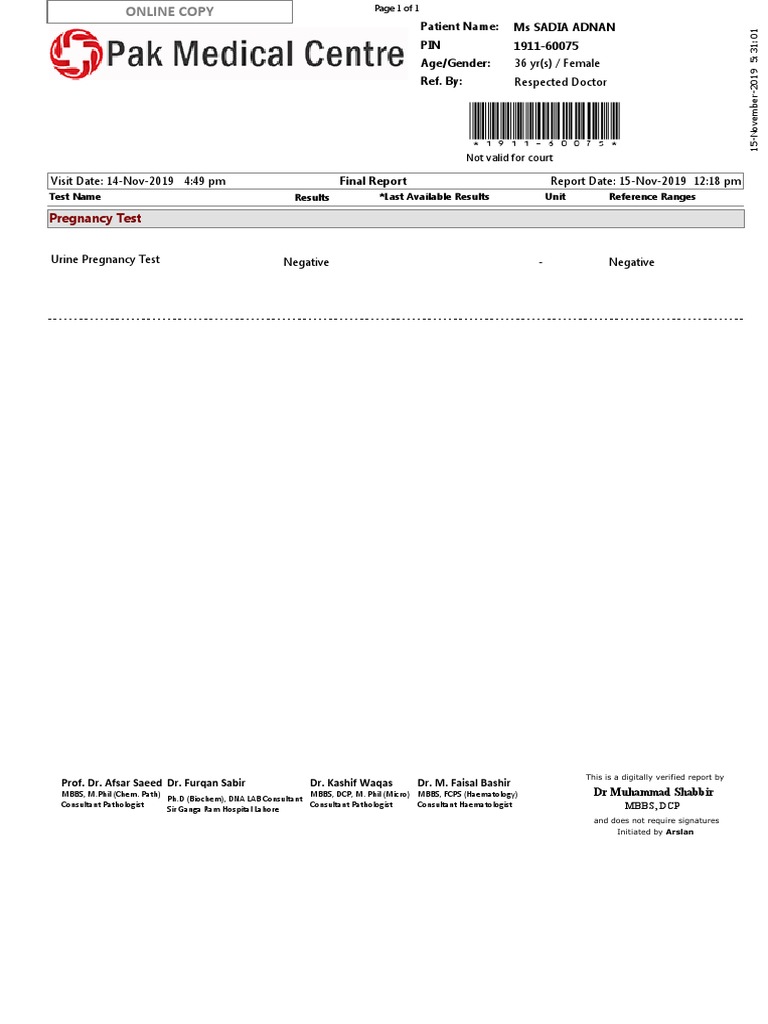 Pregnancy Test: Respected Doctor 36 Yr(s) / Female | PDF | Medical ...