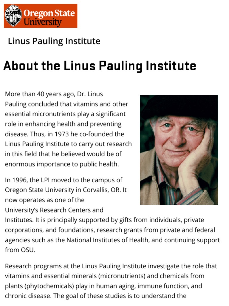 About The Linus Pauling Institute - Linus Pauling Institute - Oregon State University | PDF