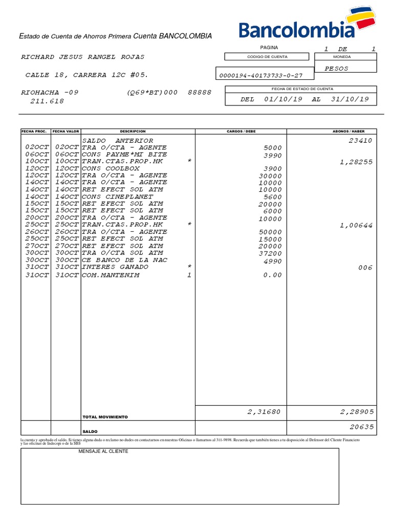 Estado de Cuenta RICHARD RANGEL Bancolombia | PDF | Business