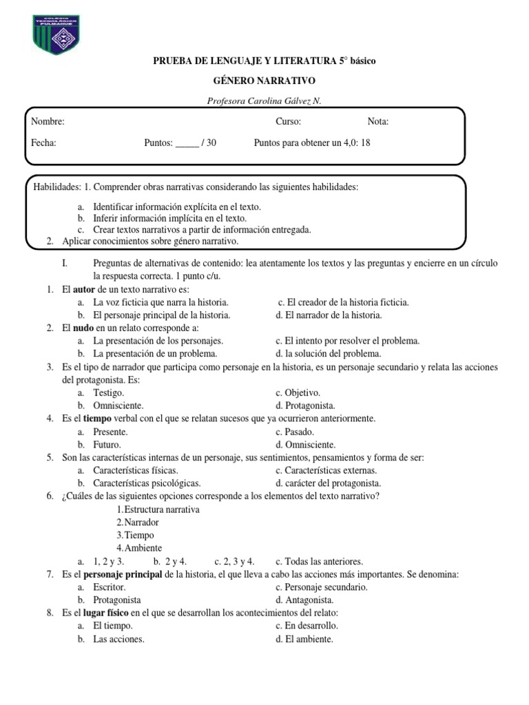 Prueba Narrativa 5° | PDF | Narración | Narrativa
