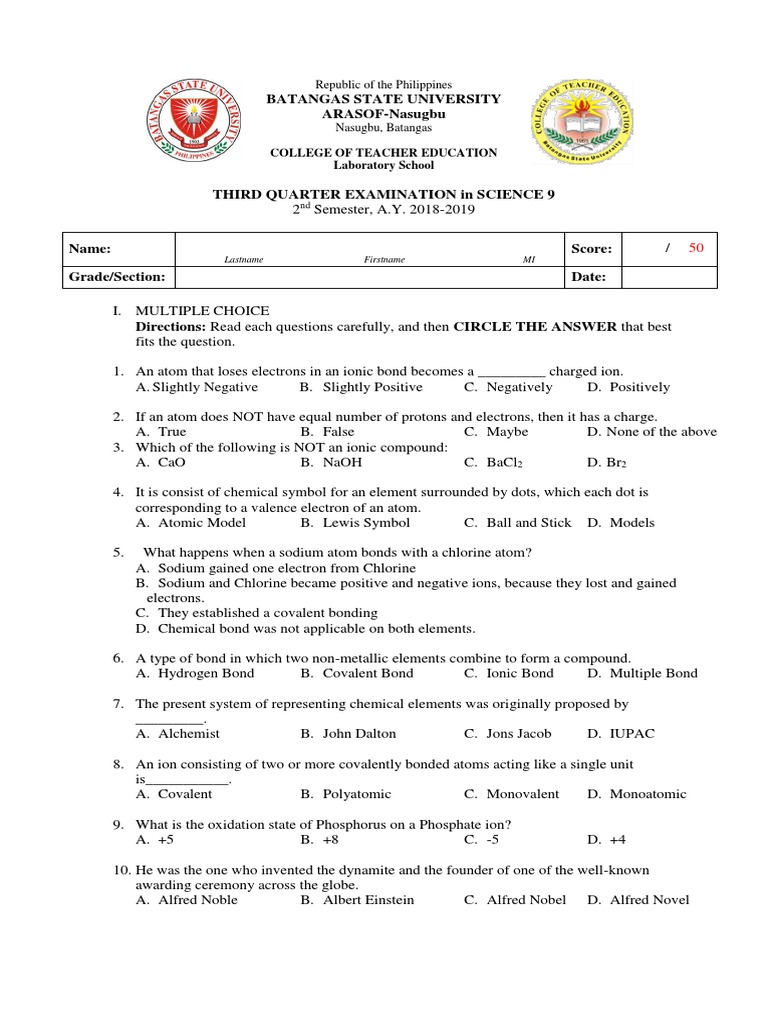 Third Quarter Exam (Grade 9) | PDF | Carbon | Ion
