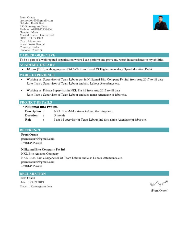 Prem Oraon - Color Professional Resume - 01 | PDF