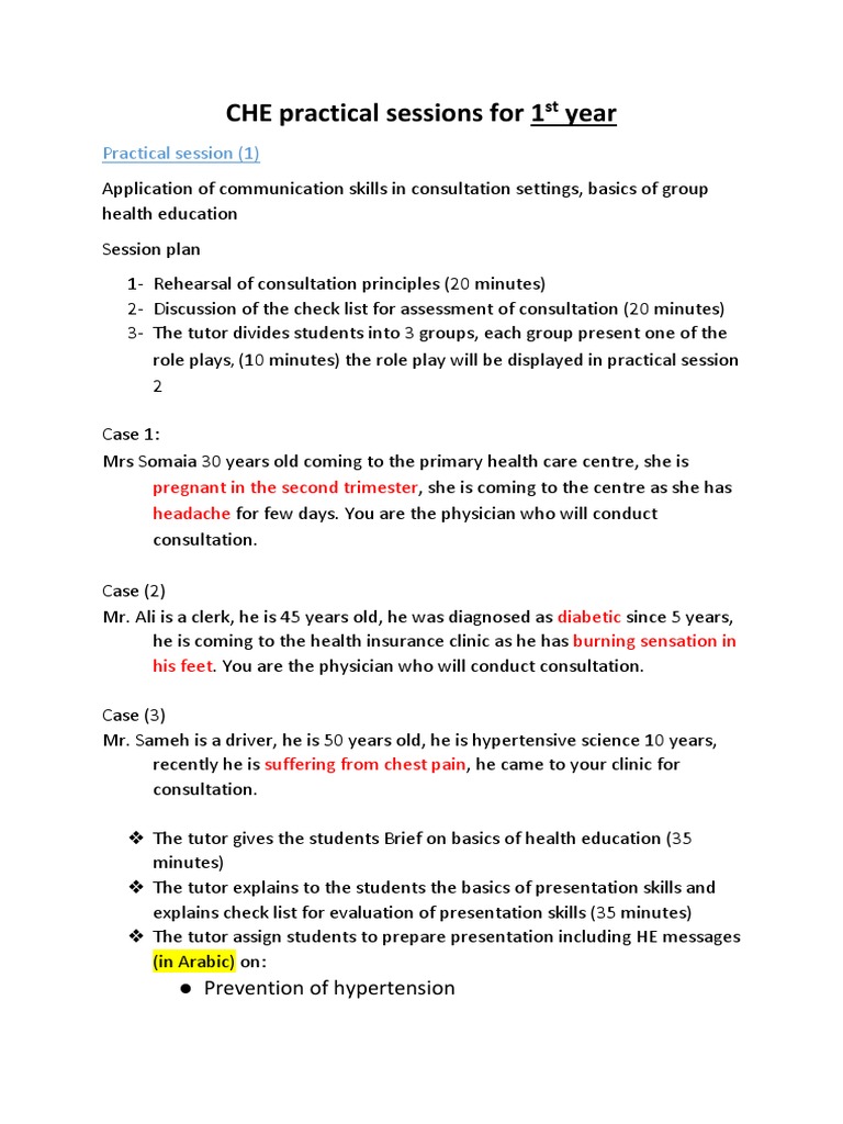 CHE - Practical Classes - 1st Year Session Plan | PDF | Health ...