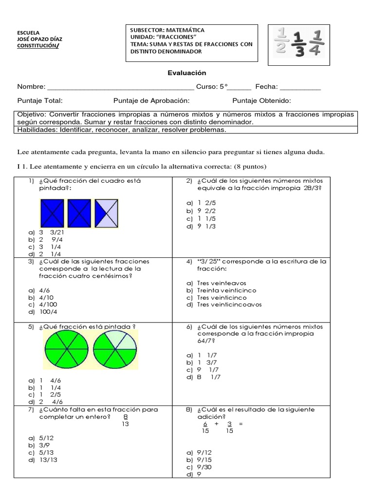 Evaluacion Fracciones Sumas y Restas PDF | PDF | Fracción (Matemáticas ...