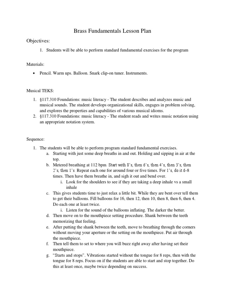 Brass Fundamentals Lesson Plan Guide | PDF | Sound | Entertainment ...