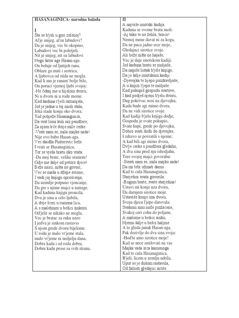 HASANAGINICA-narodna Balada I II | PDF