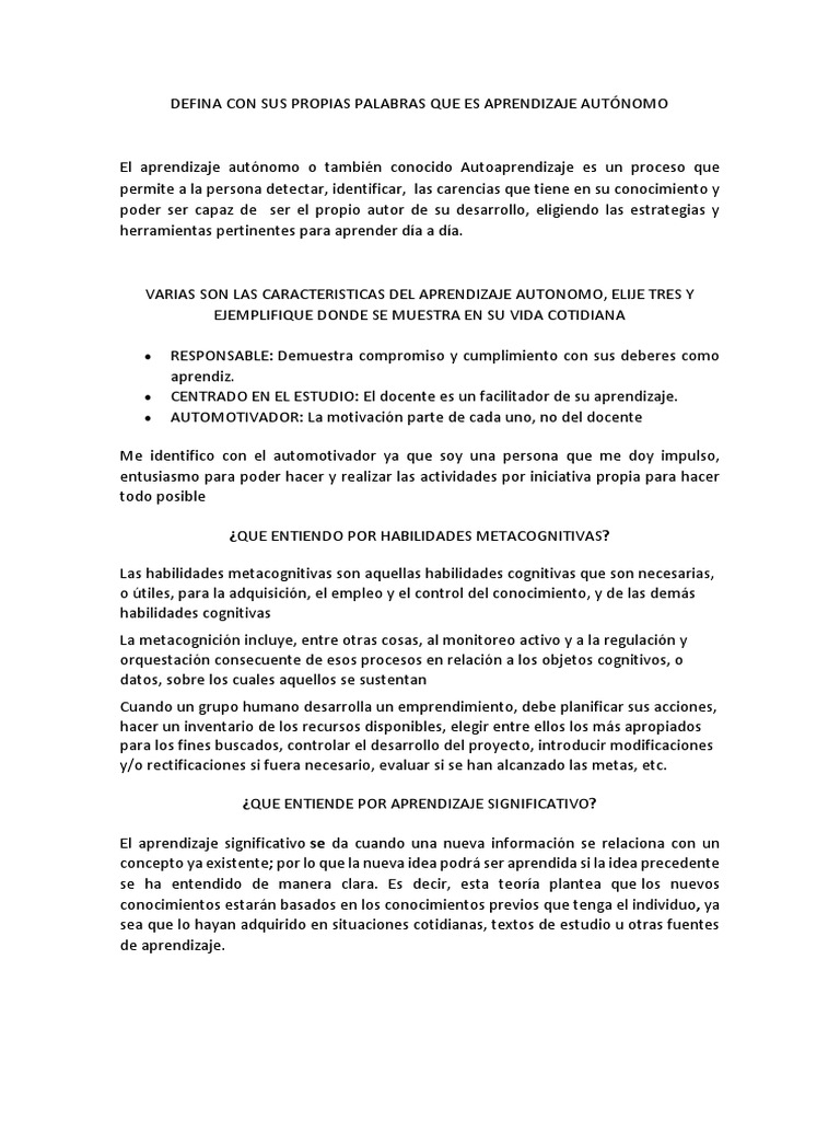 Defina Con Sus Propias Palabras Que Es Aprendizaje Autónomo | PDF