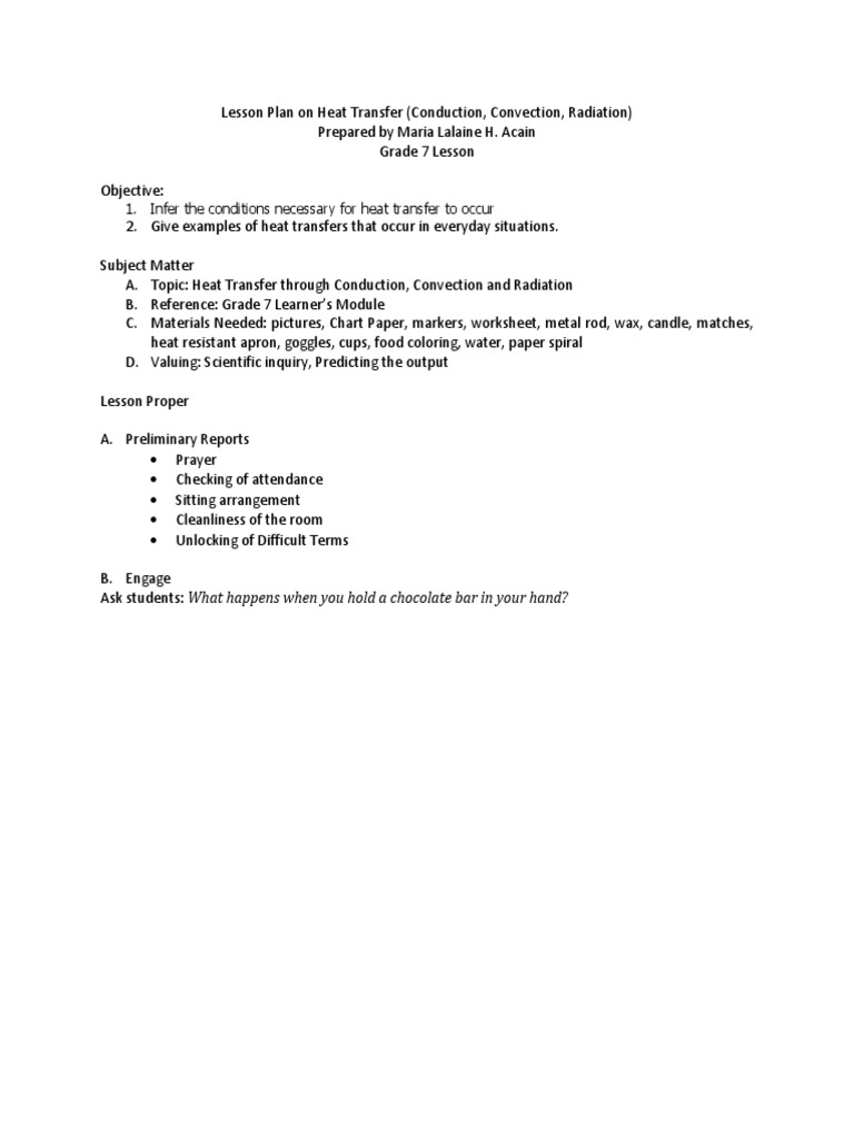 Lesson Plan On Heat Transfer | PDF