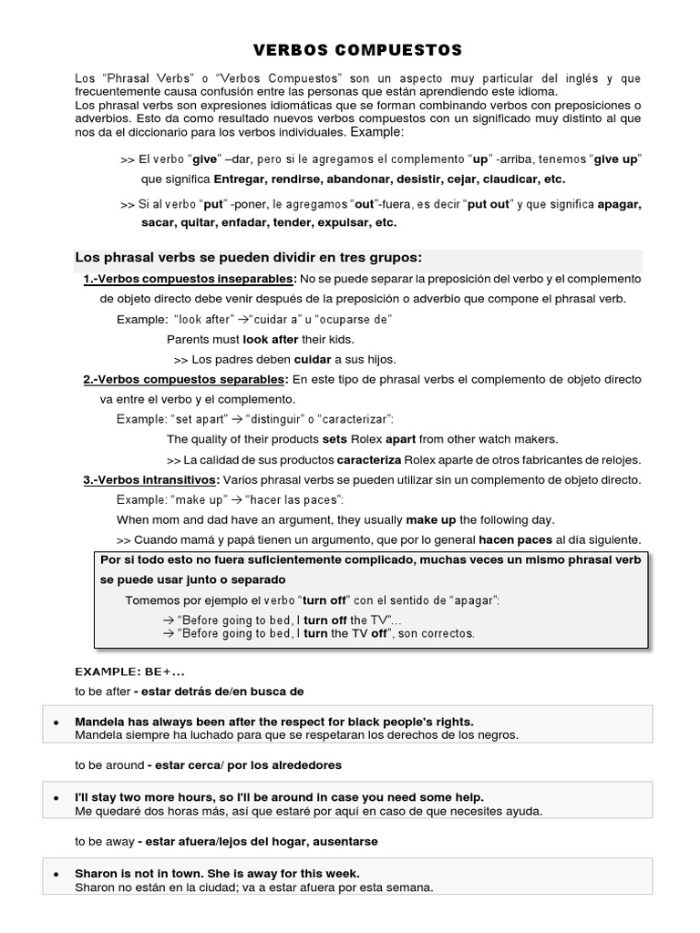 Verbos Compuestos (Ingles) | PDF | Relaciones sintácticas | Conjugación ...