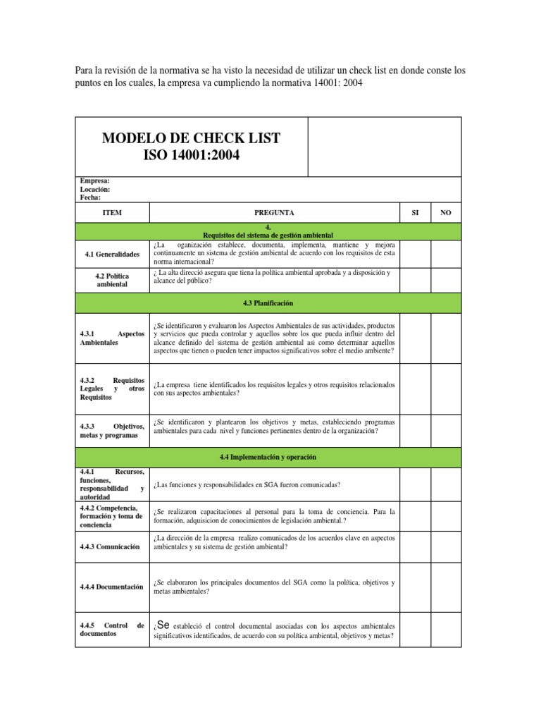 Check List Iso 14001 | PDF | Planificación | Business