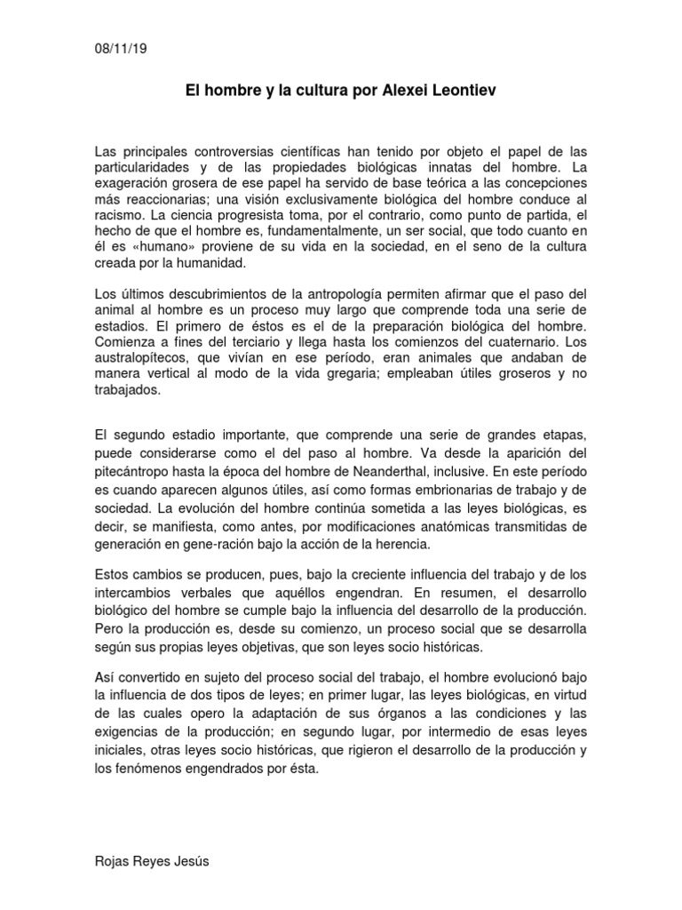 El Hombre y La Cultura Por Alexei Leontiev | PDF | Homo Sapiens | Sociedad