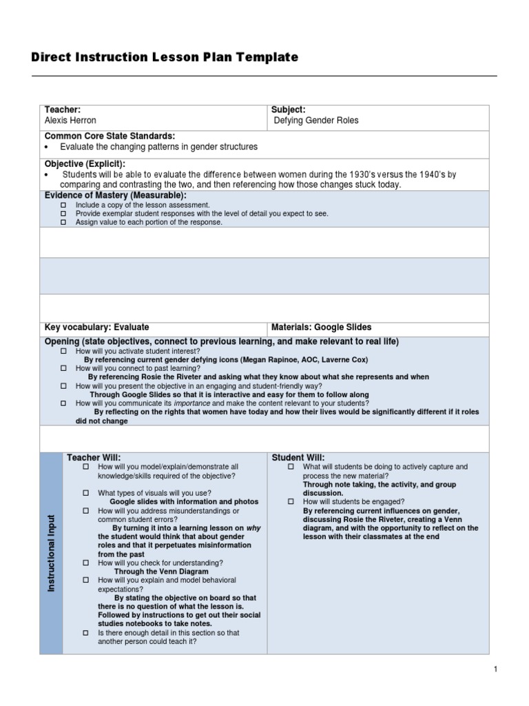 Gender Roles Lesson Plan Template | PDF | Educational Assessment | Teachers
