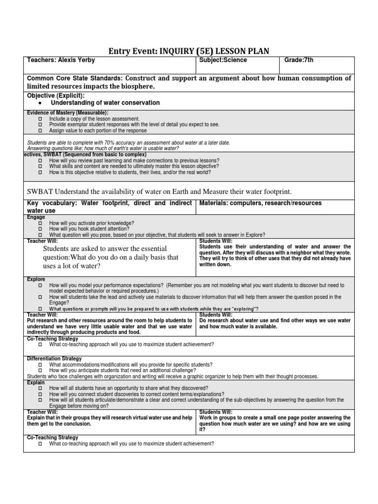 Inquiry 5e Lesson Plan | PDF | Question | Lesson Plan