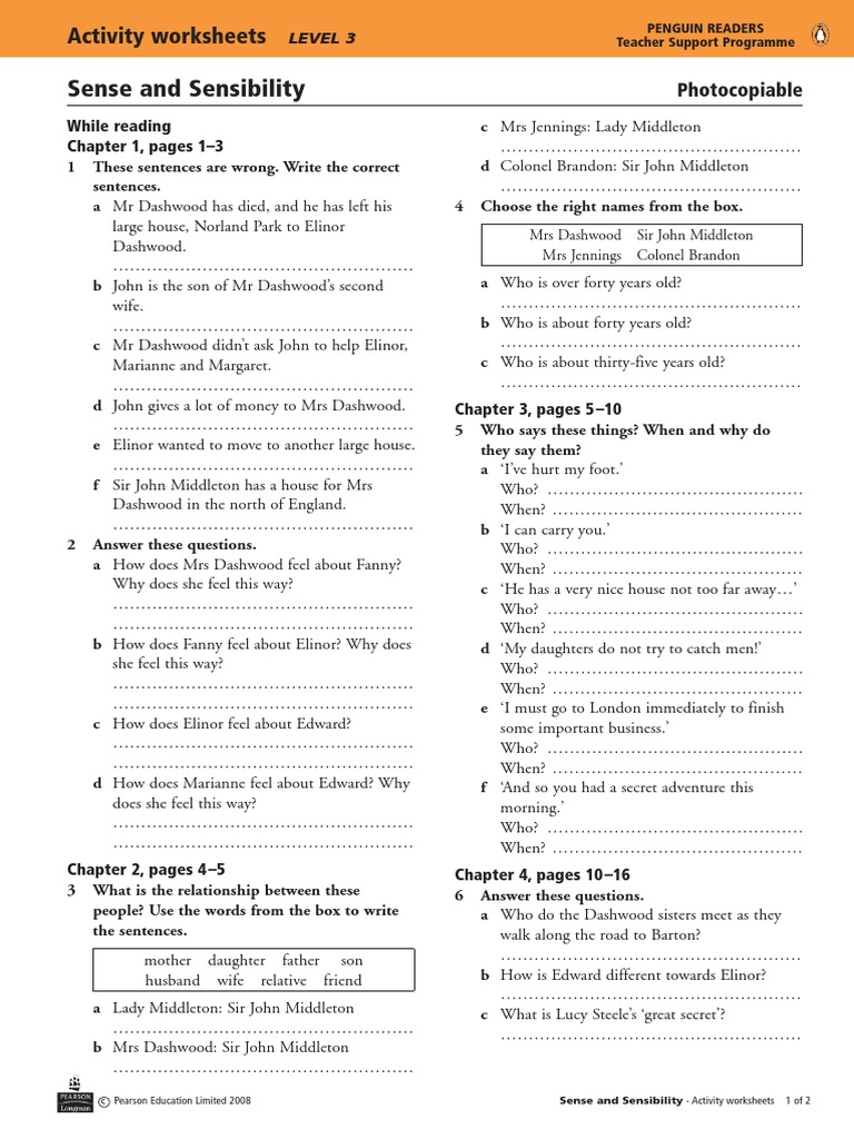 Sense and Sensibility Activity Worksheets | PDF | Elinor Dashwood ...
