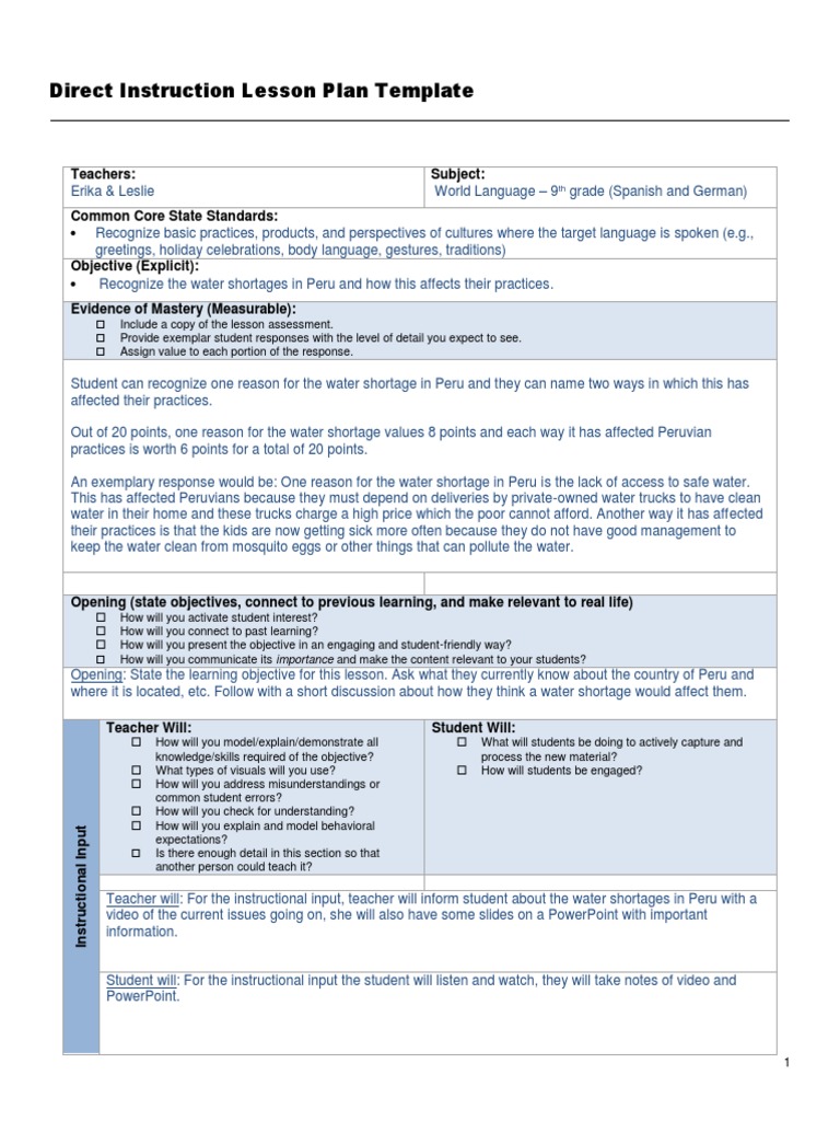 Direct Instruction Lesson Plan Template: Teachers: Subject | PDF ...