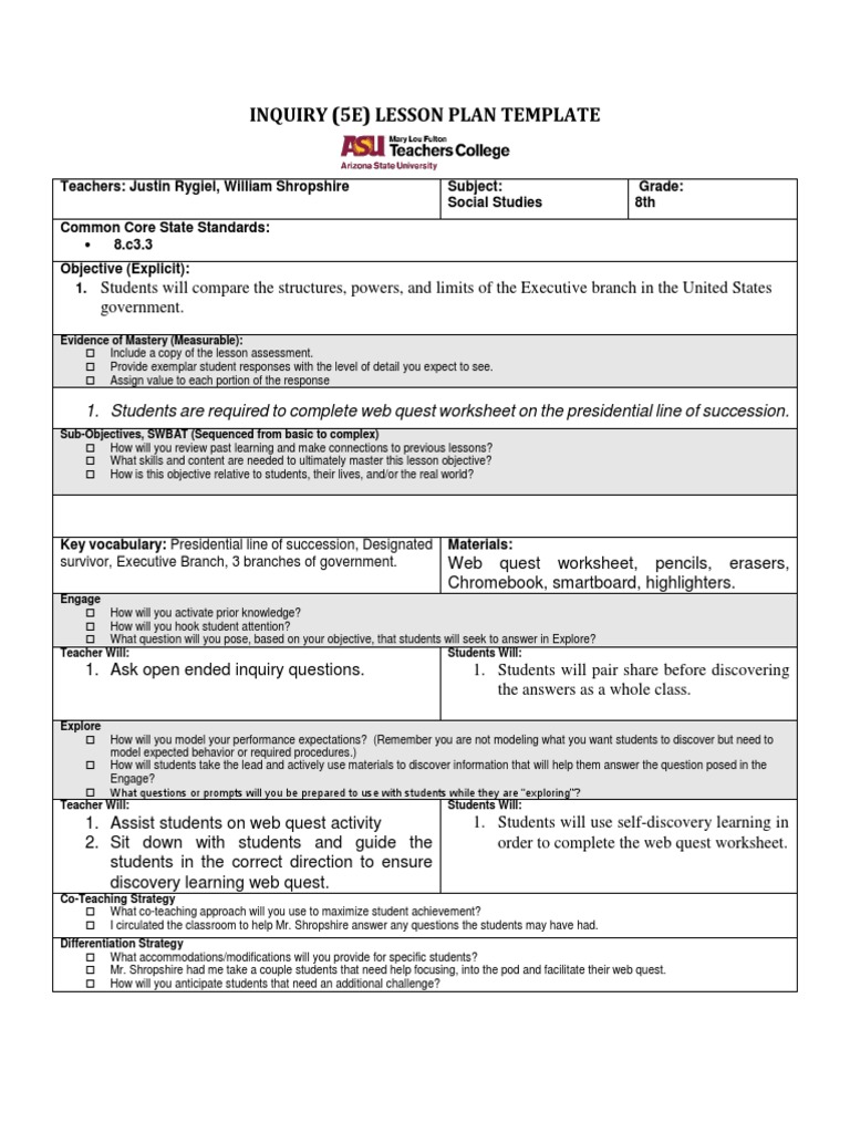 8th Grade Executive Branch Lesson Plan | PDF | Lesson Plan | Teachers