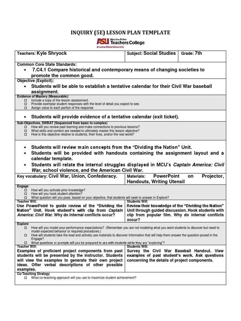 Inquiry (5E) Lesson Plan Template: War, School Violence, and The ...