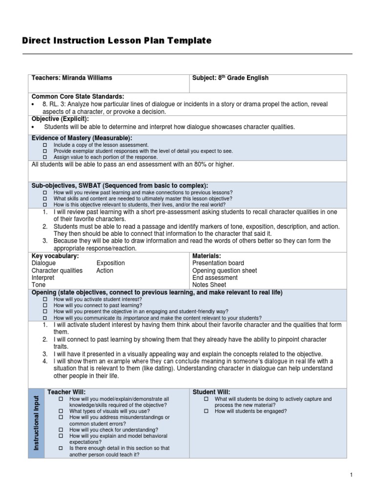 Direct Instruction Lesson Plan Template | PDF | Dialogue | Learning