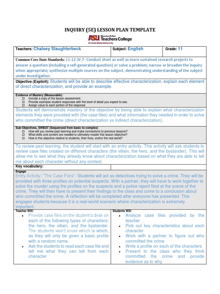 inquiry 5e lesson plan | Question | Lesson Plan