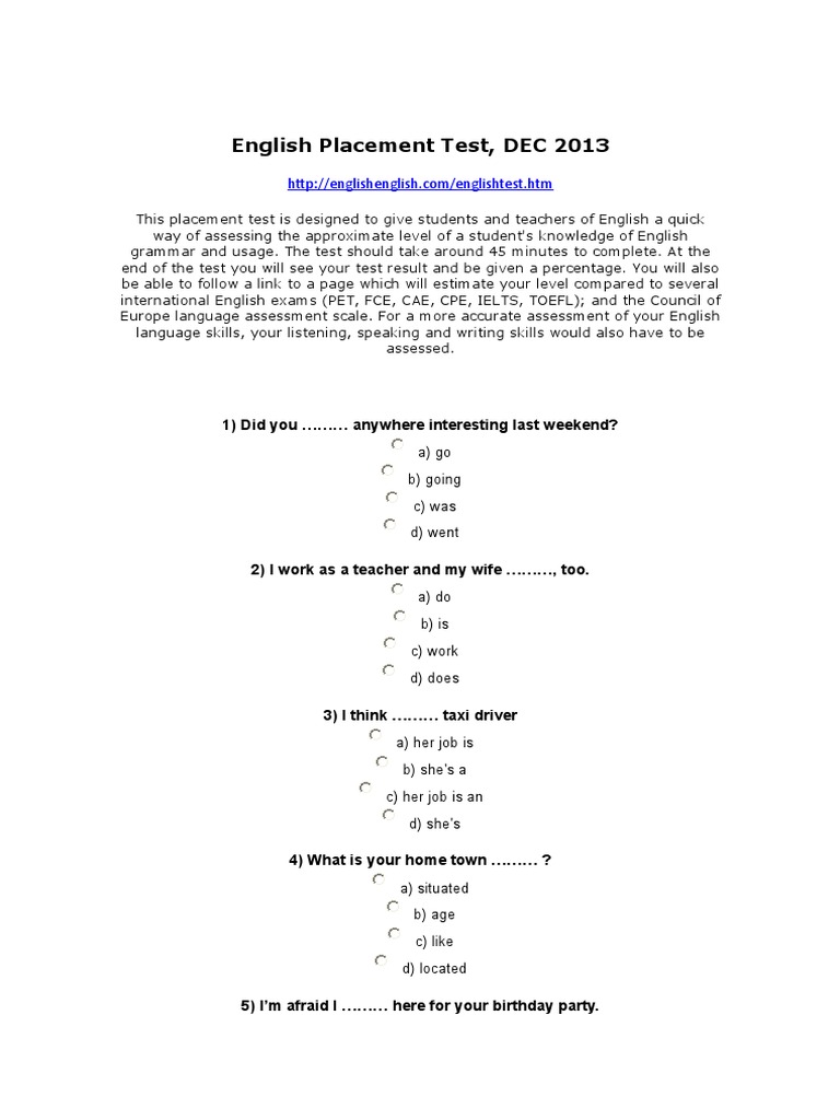 English Placement Test for Beginners | PDF | Syntax | Semiotics