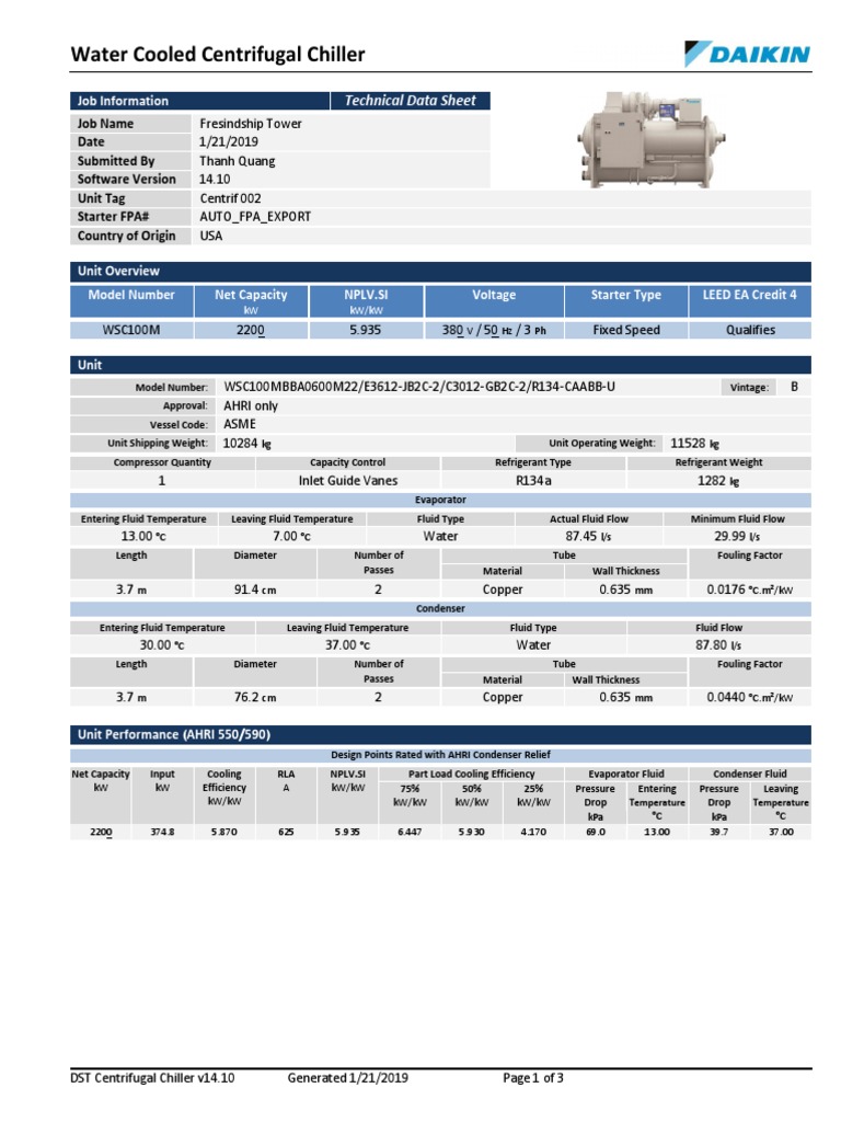 Water Cooled Centrifugal Chiller: Technical Data Sheet | Download Free ...