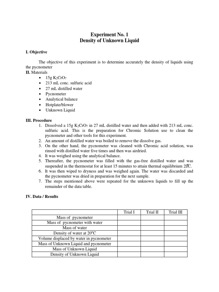 Experiment No. 1 Density of Unknown Liquid: I. Objective | PDF ...