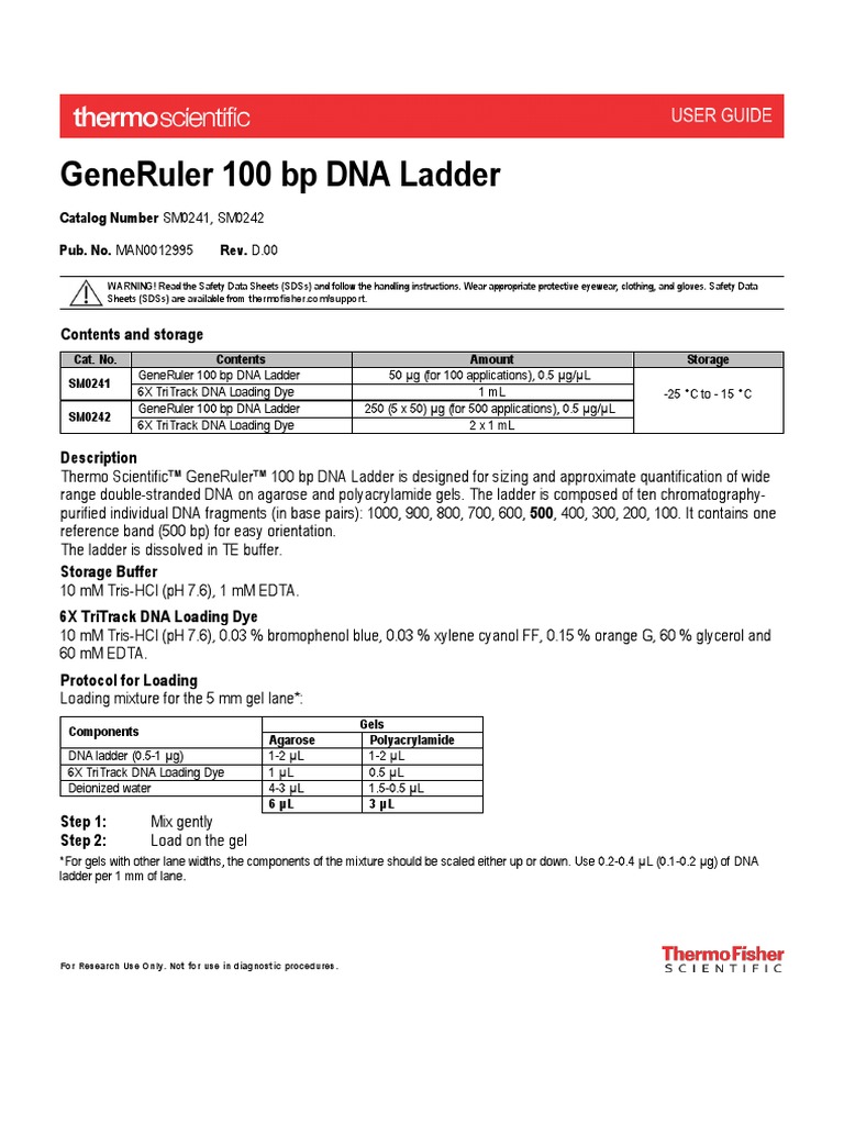 MAN0012995 GeneRuler 100bp DNALadder 50ug UG | PDF | Agarose Gel ...